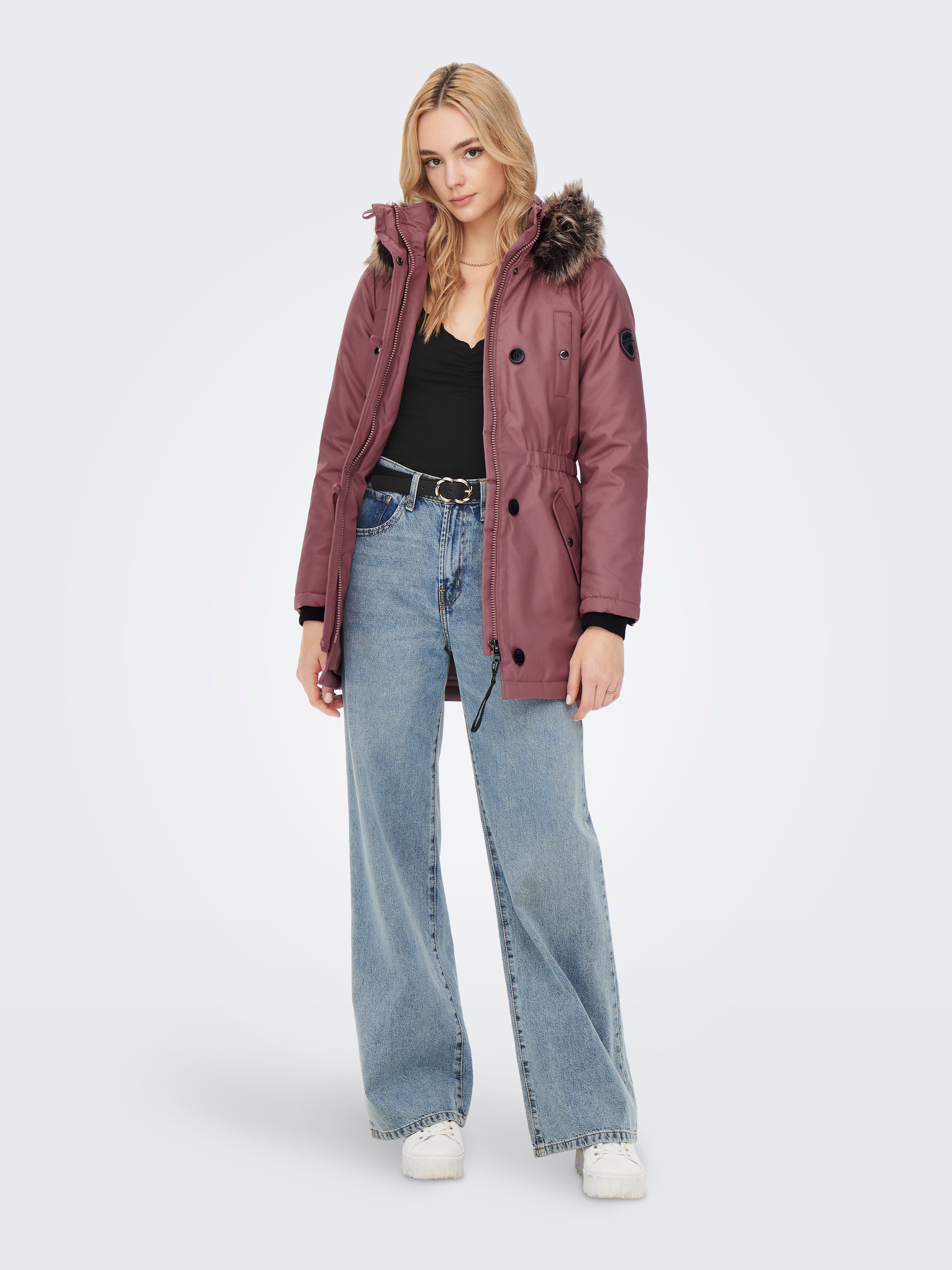 Kapuze mit abnehmbarem Kunstfell-Rand Gerippte Ärmelbündchen Parka ...