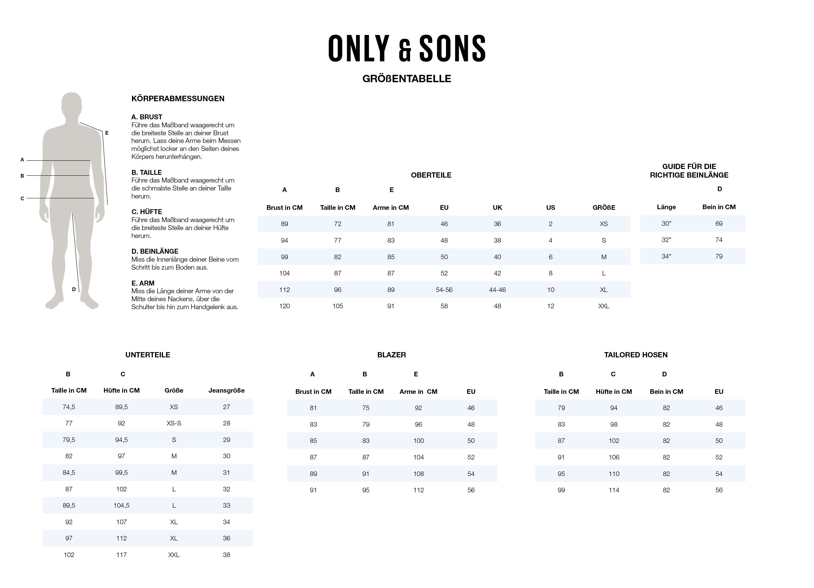 Größentabelle für Herren | ONLY MENSWEAR